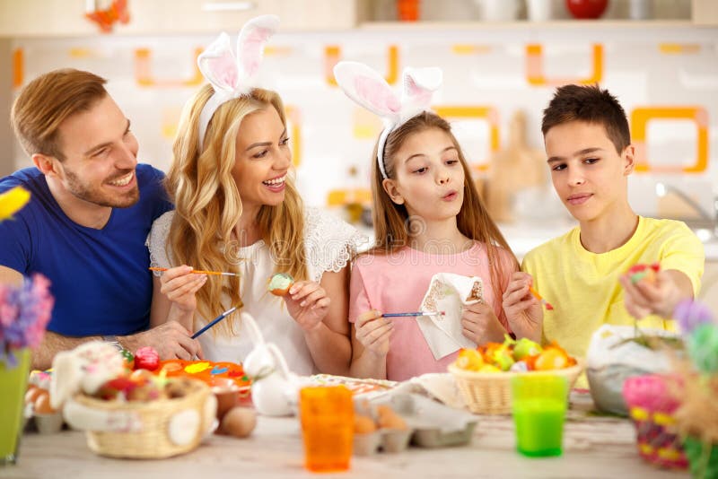 Happy Family Together Coloring Easter Eggs Stock Photo - Image of ...