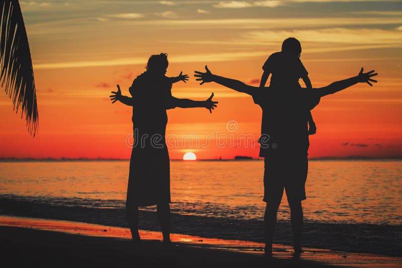 Happy Family with Two Kids Having Fun at Sunset Stock Photo - Image of ...