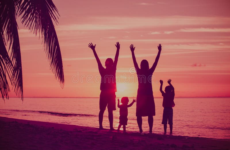Happy Family with Two Kids Having Fun at Sunset Stock Image - Image of ...