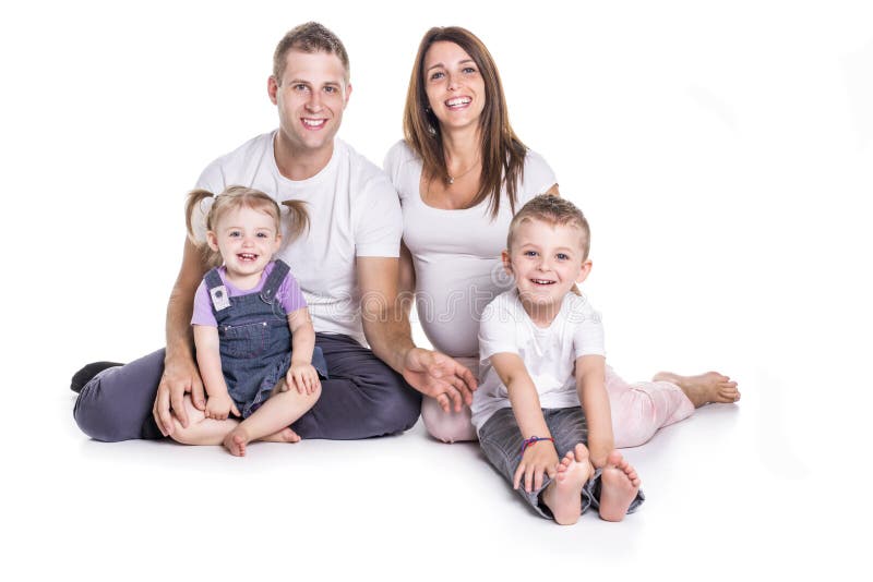 Happy Family with Two Kids on Studio White Background Stock Photo ...