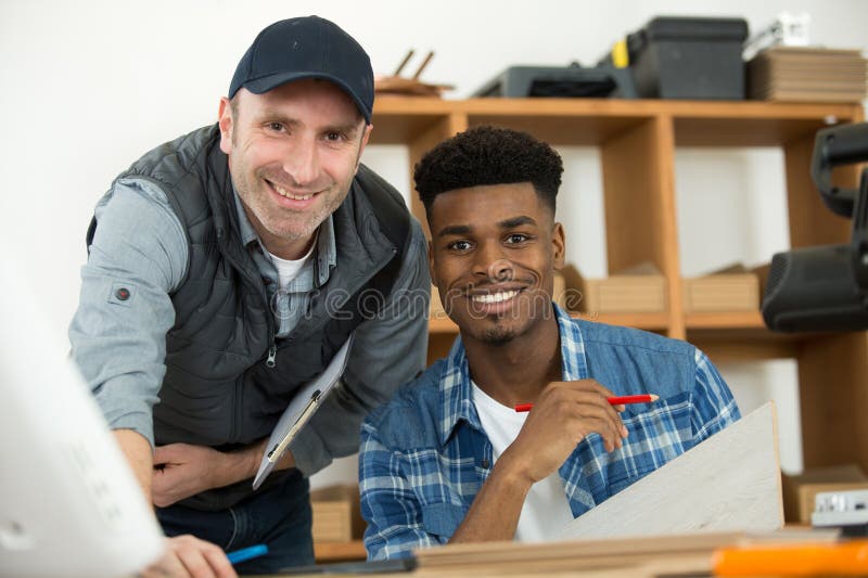 Happy Family Two Working with Wood Plank in Workshop Stock Photo ...