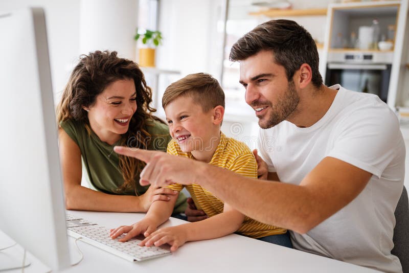 Happy Family Using Technology Devices Together at Home. Stock Image ...