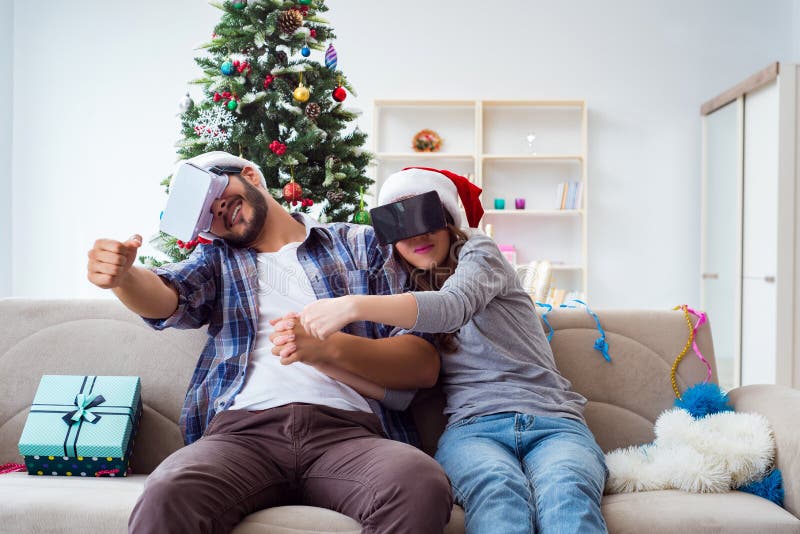The Happy Family Using Virtual Reality Vr Glasses during Christmas ...