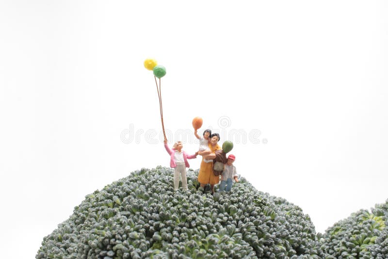 Happy Family Walking with Balloons on Broccoli Stock Photo - Image of ...