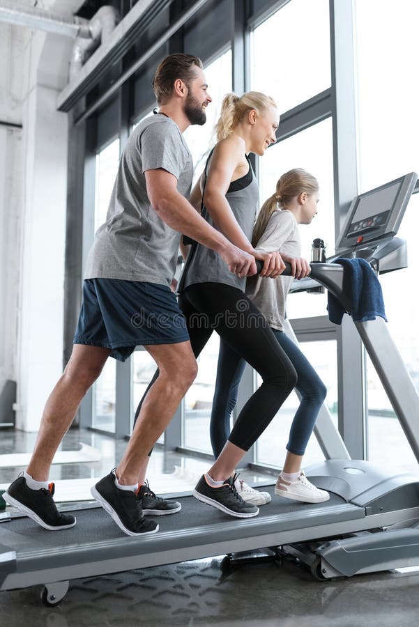 Happy Family Workout on Treadmill Stock Photo - Image of healthy ...
