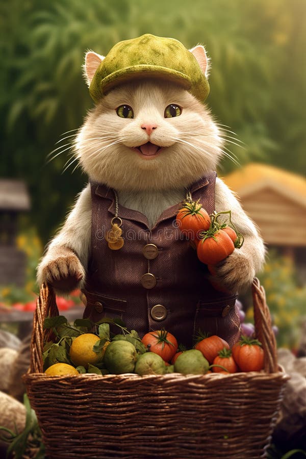 Happy Farmer Cat is Standing in the of Garden, with a Wicker Basket ...