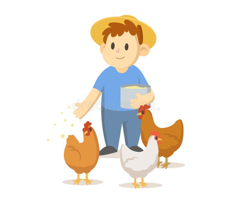 Happy Farmer In A Straw Hat Feeds The Chickens Cartoon Character In Work Clothes Flat Vector