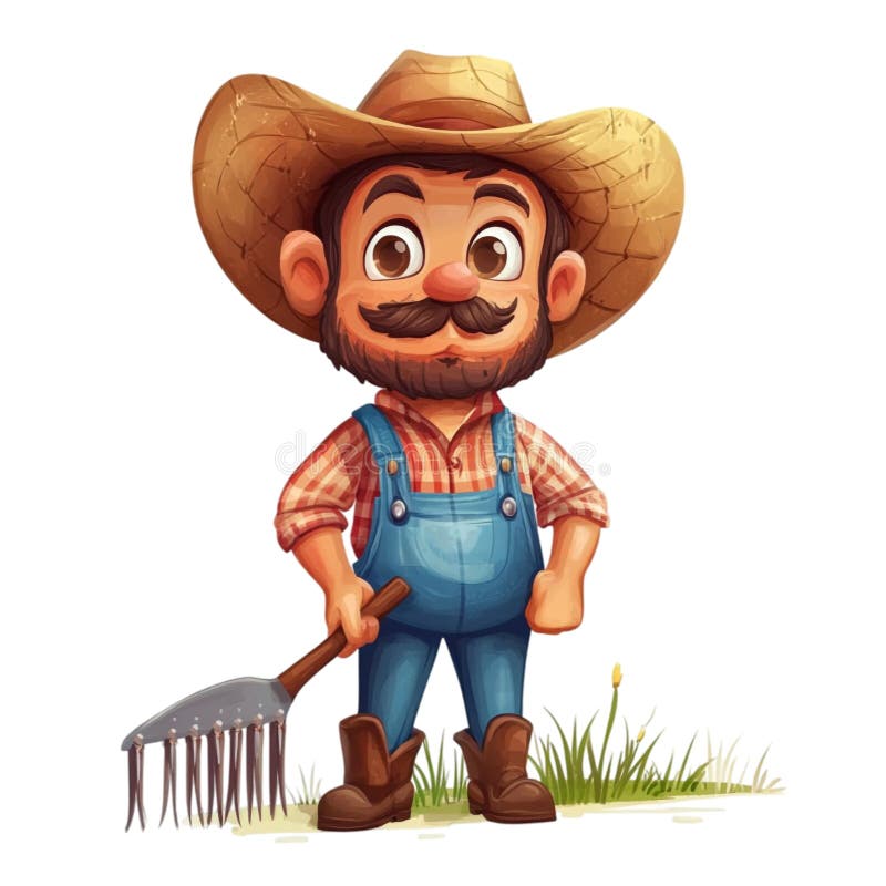 Happy Farmer Working in the Field Holding a Rake Smiling Broadly Stock ...