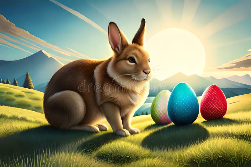 Happy Fat Easter Bunny Surrounded with Colourful Easter Eggs ...