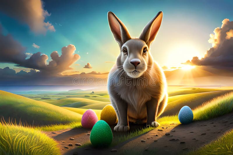 Happy Fat Easter Bunny Surrounded with Colourful Easter Eggs ...