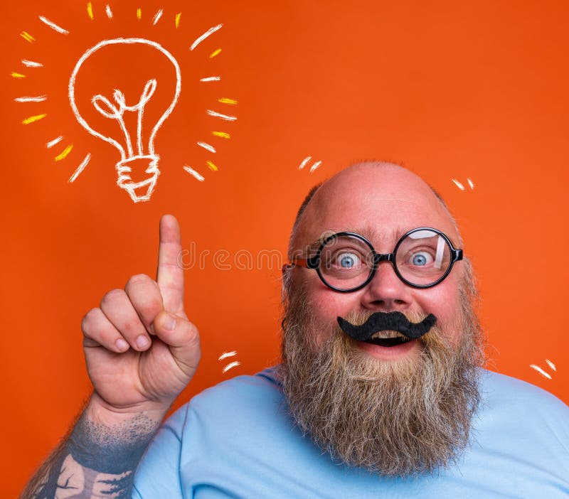 Happy Fat Man Acts Like a Nerd Person Stock Photo - Image of lightbulb ...