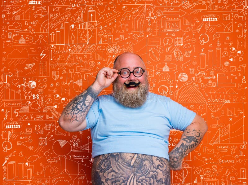 Happy Fat Man Acts Like a Nerd Person Stock Image - Image of tattoo ...
