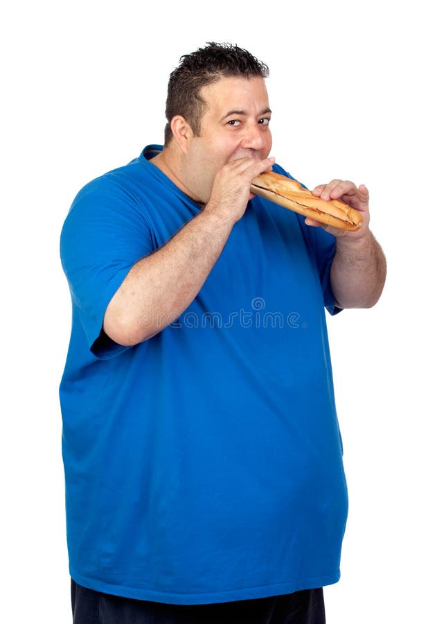 Happy Fat Man Eating a Large Bread Stock Photo - Image of carbohydrate ...