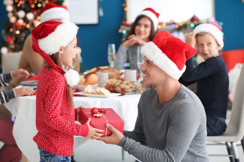 Happy Father and Daughter with Christmas Gift at Home Stock Image ...