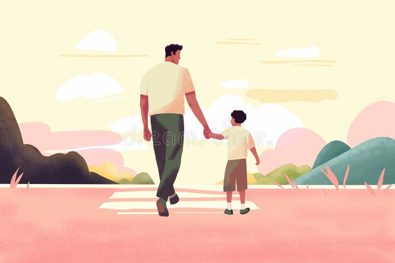 Happy Father Day Flat Design Father and Son Walk and Hold Hand Stock ...