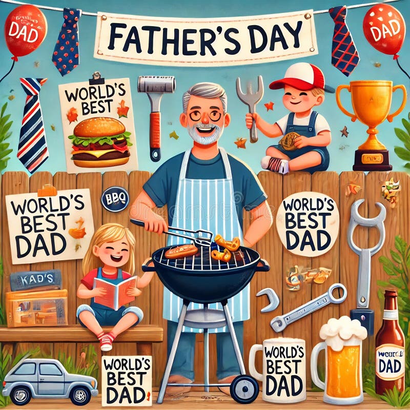 A Happy Father Grilling in the Backyard, Surrounded by Various Tools ...