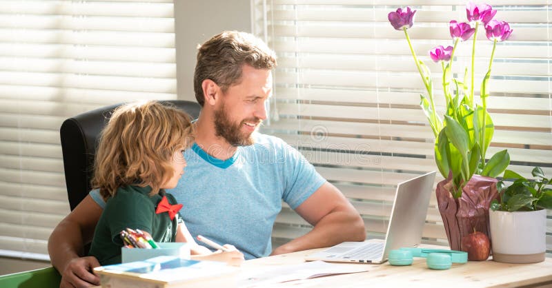 Happy Father Helping His School Kid Study with Writing and Laptop ...