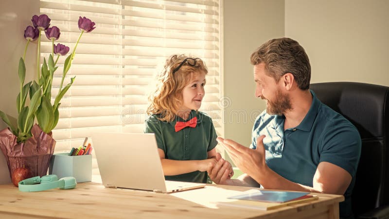 Happy Father Helping His School Son Study with Laptop at Home, Homework ...