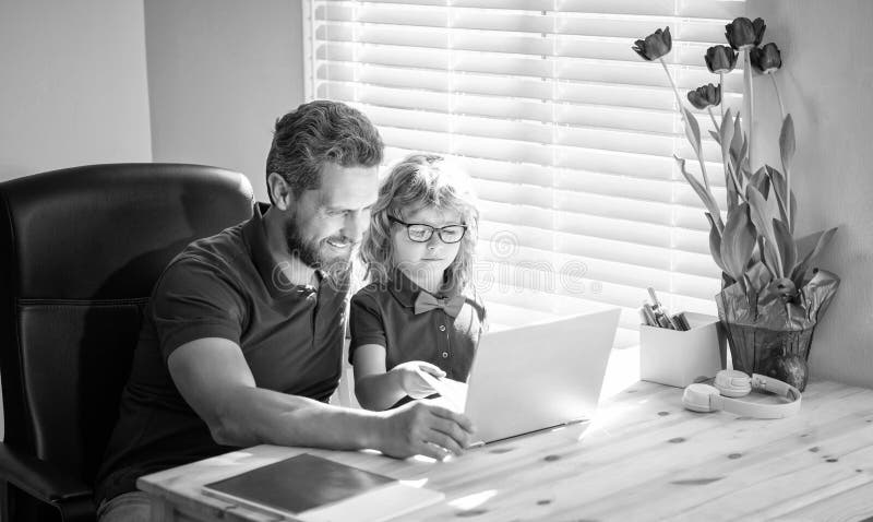 Happy Father Helping His School Son Study with Laptop at Home ...