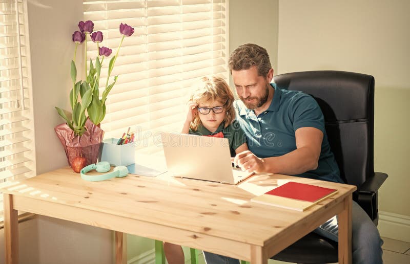 Happy Father Helping His School Son Study with Laptop at Home ...