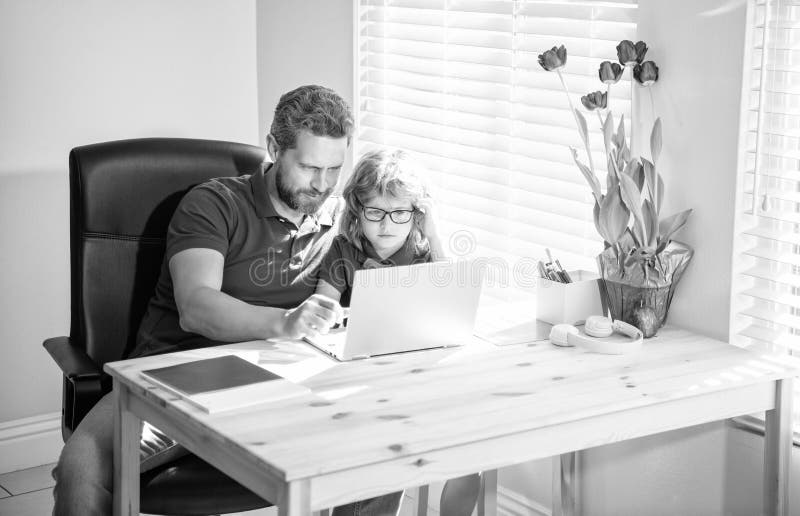 Happy Father Helping His School Son Study with Laptop at Home ...