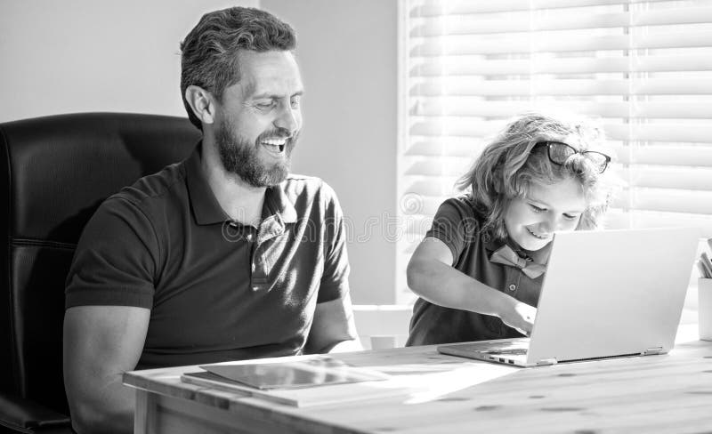 Happy Father Helping His School Son Study with Laptop at Home, Webinar ...