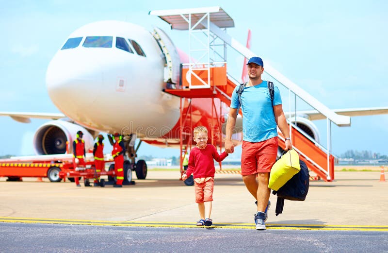 Happy Father and Son after Having a Trip on Airplane Stock Image ...