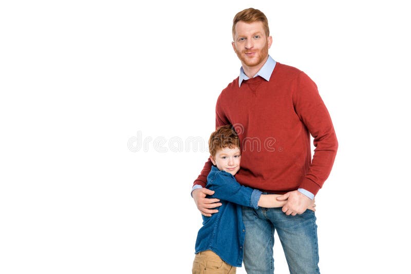 Happy Father And Son Hugging And Smiling At Camera Stock Image Image