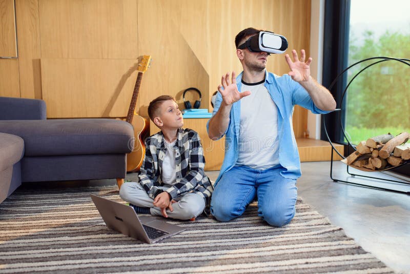 Son With Father Testing New Bought Car, Dad Teaching Teen Boy To Drive ...