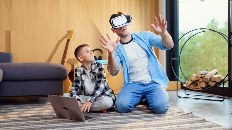 Happy Young Father and Son Testing Vr Goggles Playing Augmented Video ...