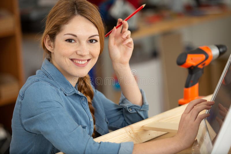 Happy Female Carpenter at Work Stock Image - Image of carpenter, repair ...