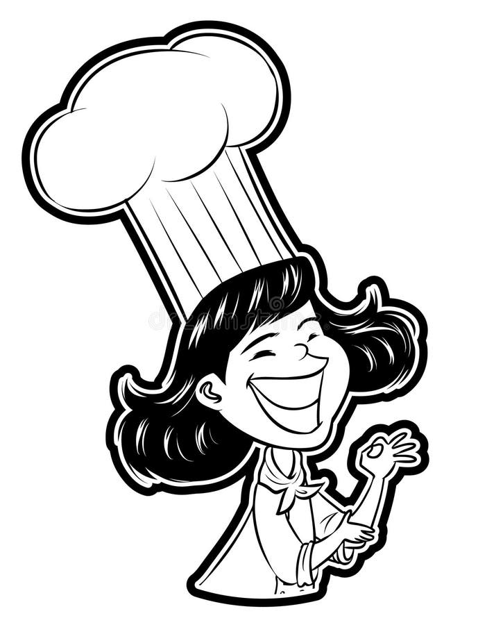 Happy Female Chef Black and White Illustration Stock Vector ...