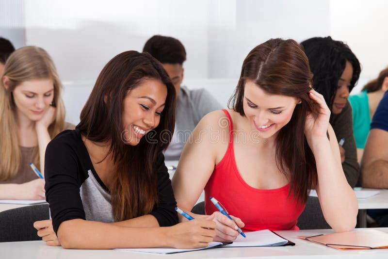 Happy Female College Students Studying Stock Photo - Image of happiness ...