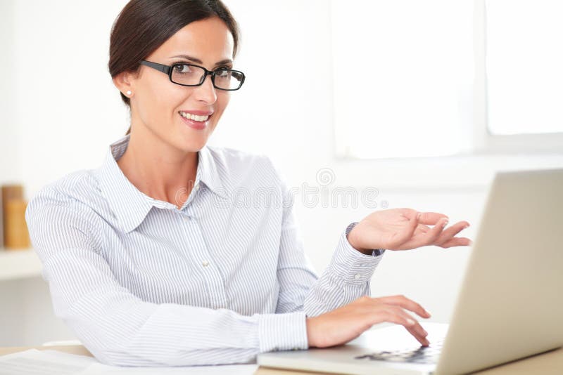 Happy Female Employee Using the Computer Stock Photo - Image of glasses ...