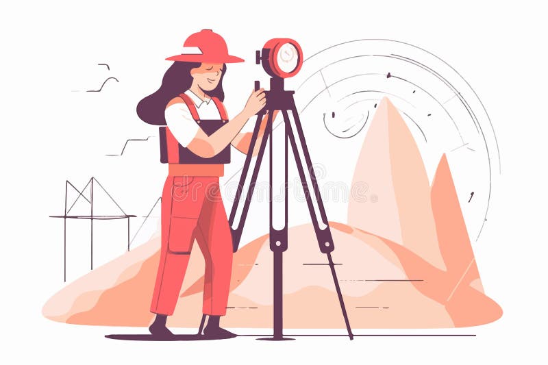 Happy Female Engineer in Helmet and Uniform Using Geodetic Equipment on ...