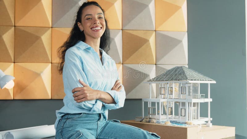 Happy Female Engineer Standing Smiling Arm Fold with House Model ...