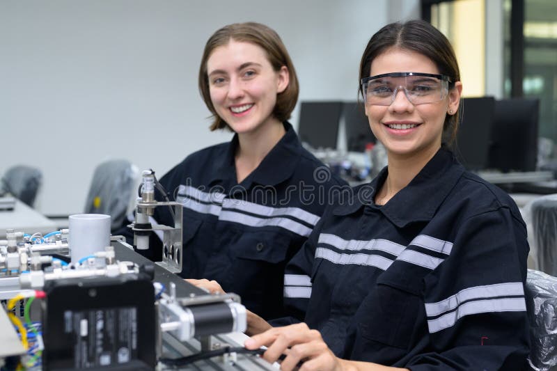 Happy Female Engineers Team Using Laptop Checking and Operating Stock ...