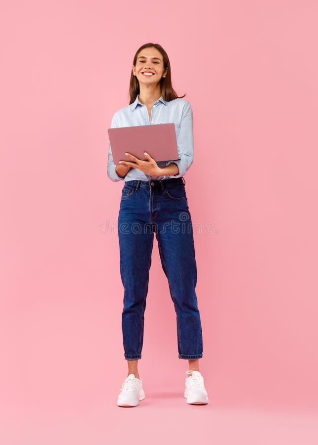 Happy Female Freelancer Using Laptop Computer, Working Remotely Online ...