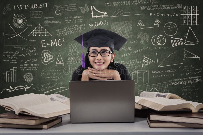 Happy Female Graduate Thinking Using Laptop at Class Stock Illustration ...