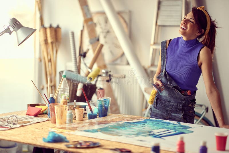 Happy Female Painter Artist Creating a New Piece Stock Image - Image of ...