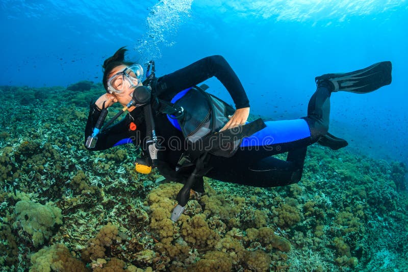 Happy Female Scuba Diver stock photo. Image of girl, dive - 49234826