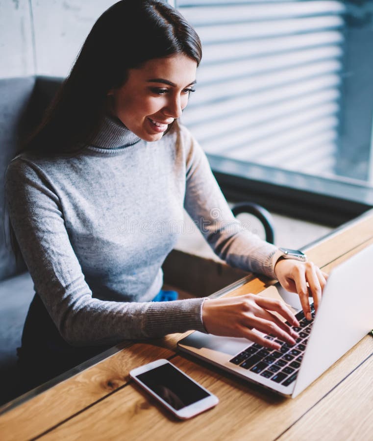 Happy Female Software Developer Working Via Laptop and Looking Funny ...