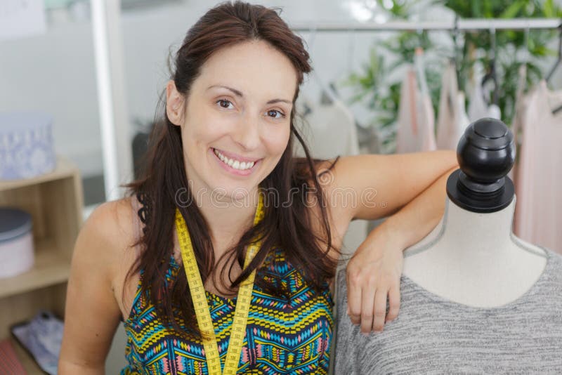 Happy Female Tailor with Tailors Dummy Stock Photo - Image of fabric ...