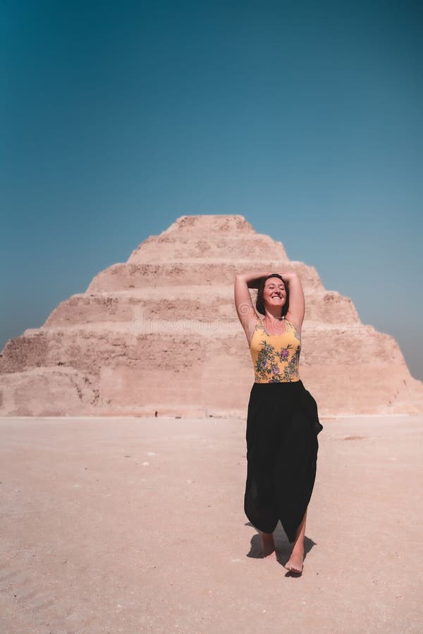 Happy Female Traveler Exploring the Pyramid of Egypt Stock Photo ...