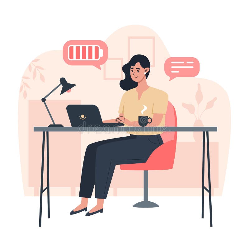 Happy Female Worker Sitting at Table in Office, Productivity during the ...