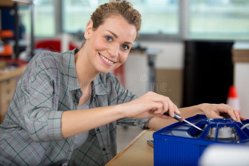 Happy Female Worker during Work Stock Image - Image of cabinetmaker ...
