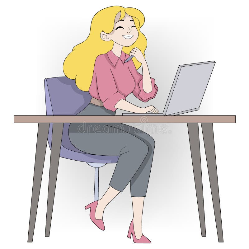 Happy Female Worker, Working Using a Laptop in the Office Stock Vector ...
