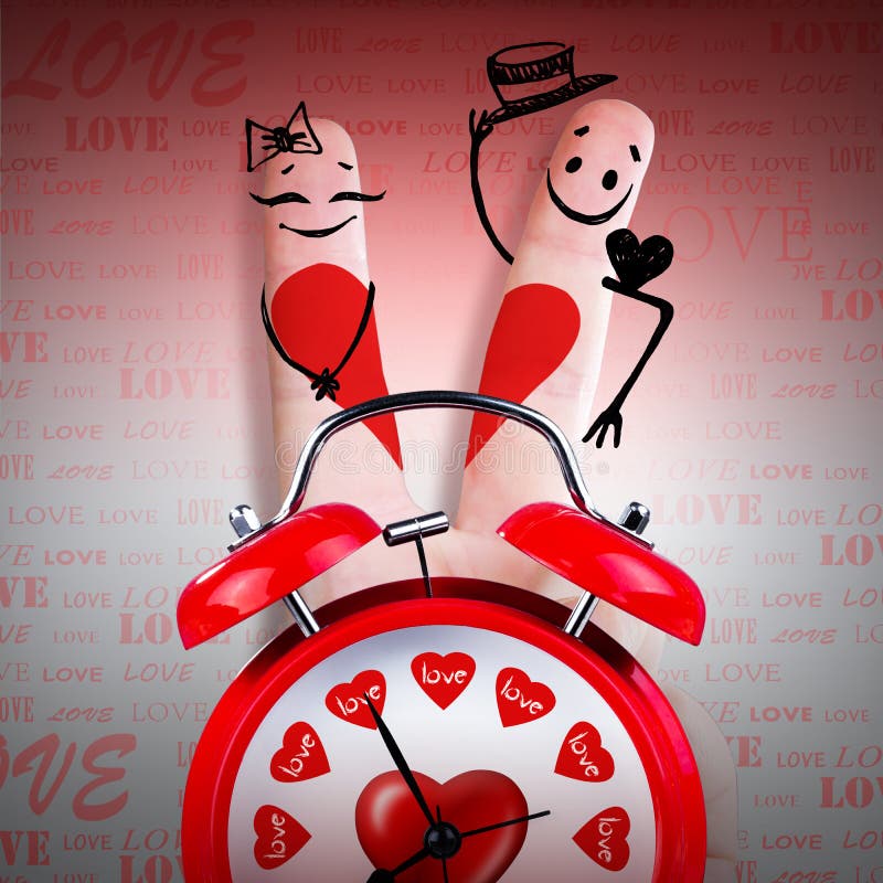 Happy Finger Couple in Love with Alarm Clock. 3d Illustration Stock ... Happy Finger Couple in Love with Alarm Clock. 3d Illustration Stock ...