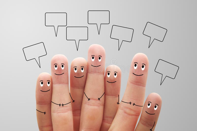 Happy Finger Smileys with Speech Bubbles on Grey Background Stock Image ...