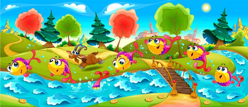 Happy Fish Are Dancing In The River Stock Vector - Illustration of pine ...